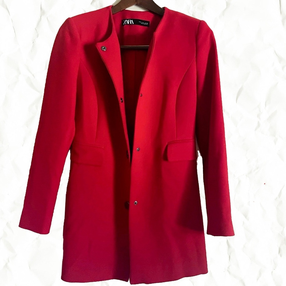 Zara Red Collarless Long Blazer With Metallic Snap Cl… - Gem